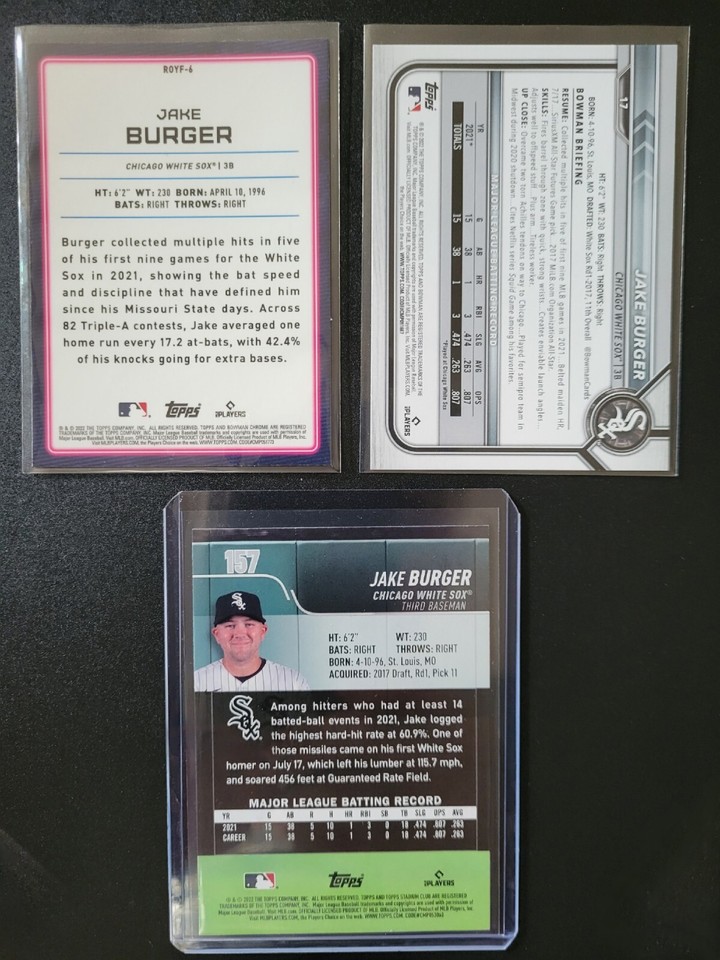 Chicago White Sox Jake Burger (3) Rookie Card Lot - Bowman & Topps ...