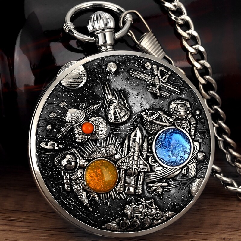 Unique Musical Movement Pocket Watch Astronaut Space Quartz with Fob ...