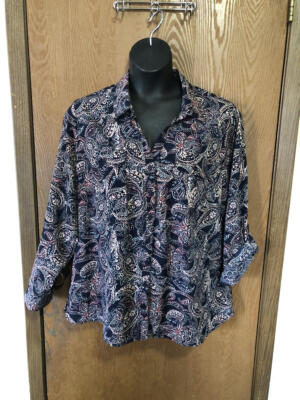 Studio Works Woman 2X Navy Roll Tab Sleeve Top Floral Print | eBay