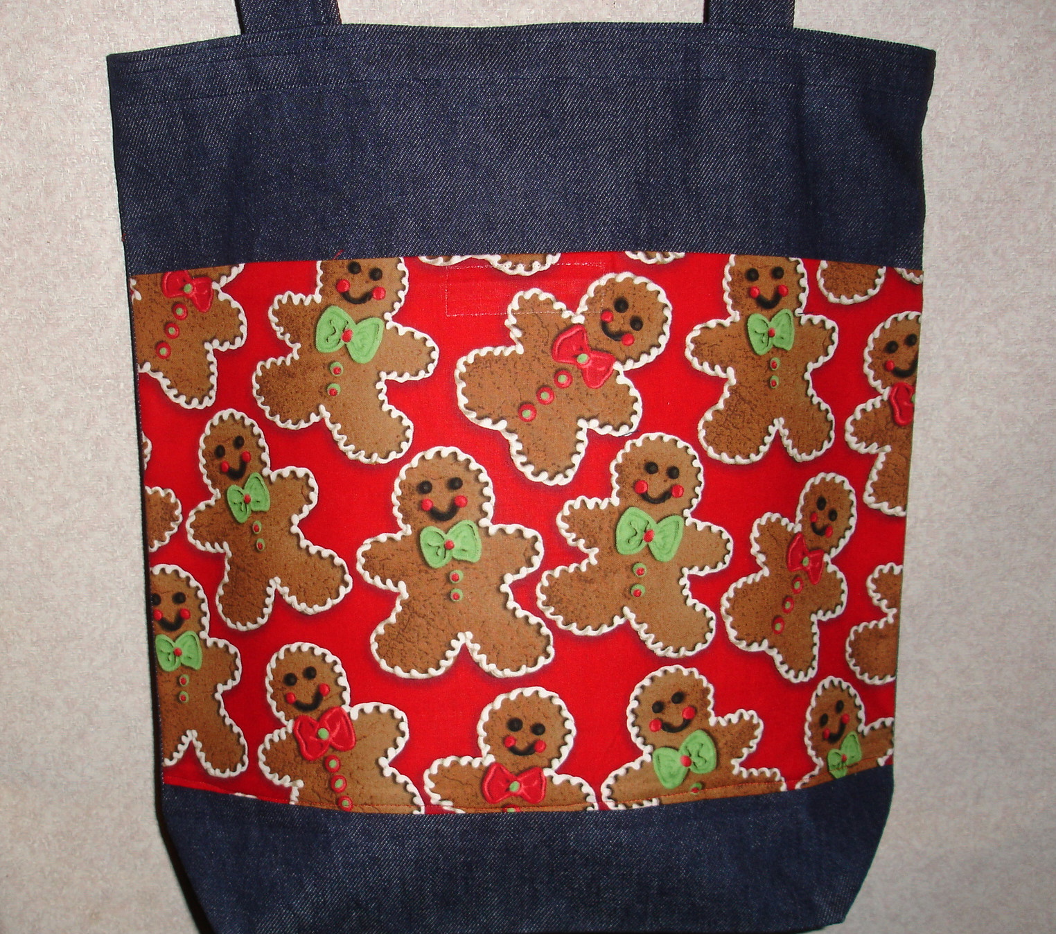 NEW Large Handmade Christmas Gingerbread Men on Red Bkgd Denim Tote Bag ...