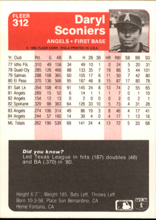 1985 Fleer Baseball Card #312 Daryl Sconiers | eBay