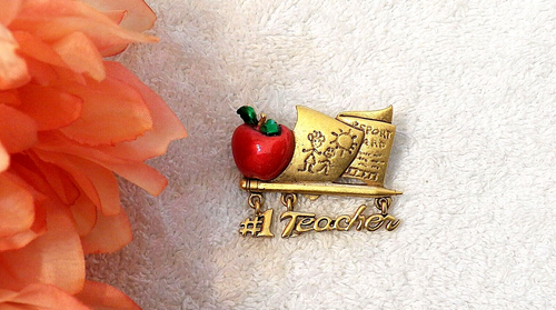 CLASSIC TEACHER PIN APPLE SCHOOL STUDENT PUPIL BOOK LIBRARIAN SIGNED ...