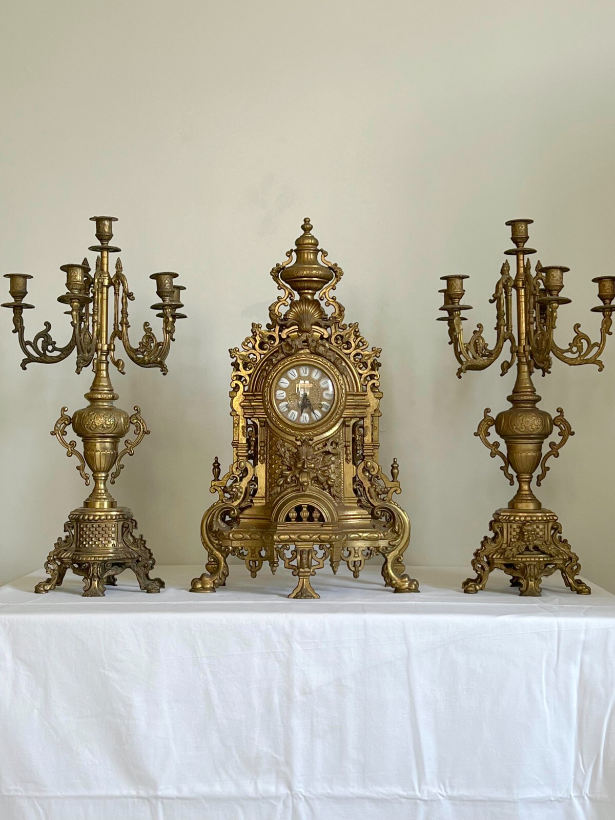 Antique Franz Hermle gothic Imperial Brass set. Clock & Candelabra ...