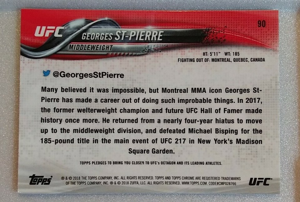 2018 Topps UFC Chrome Georges St-Pierre Rare Middleweight GSP Card MMA ...