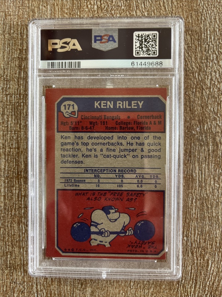 1973 Topps Ken Riley PSA 7 Rookie #171 Centered HOF! LOW POP 14 *read ...