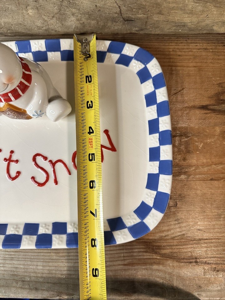 Let It Snow Platter Snowman blue and white checkered. Ceramic Christmas ...