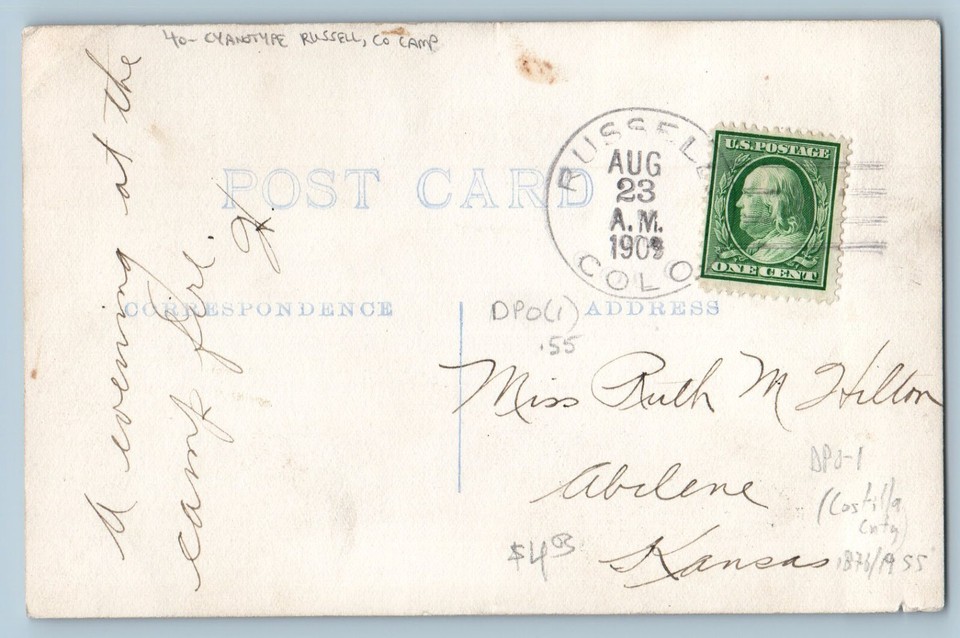 Russell Colorado CO Postcard RPPC Photo Camp Cyanotype 1909 Posted ...
