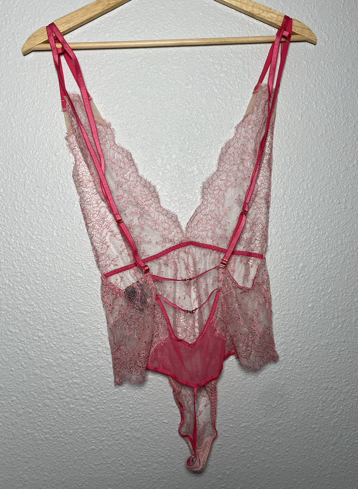Victoria's Secret Bodysuit Womens Large Lace Pink Sheer Lingerie Teddy ...