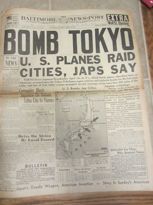 Baltimore News-News Post Newspaper April 18 1942 Bomb Tokyo Doolittle's ...