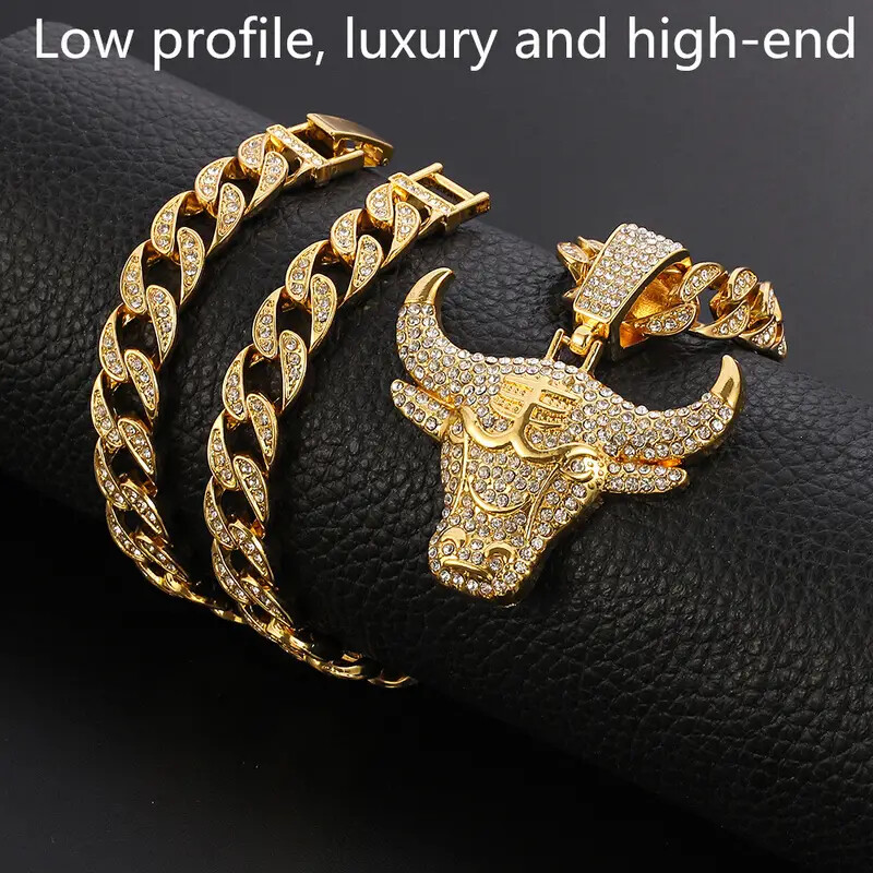 Hip Hop Gold Plated BULL Pendant & 15mm Iced Cuban Cubic Zirconia Chain ...