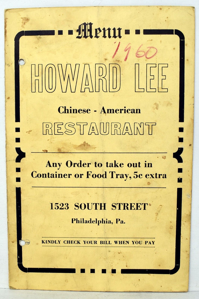 1960 Howard Lee Chinese Restaurant Menu 1523 South Street Philadelphia ...