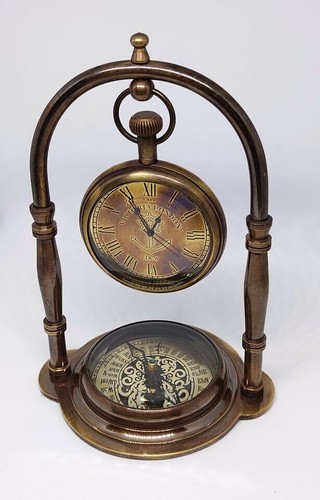 Nautical Antique Brass Victorian Table Clock with Compass on Base Home ...