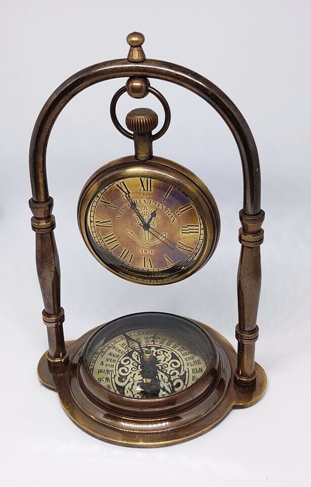 Nautical Antique Brass Victorian Table Clock with Compass on Base Home ...