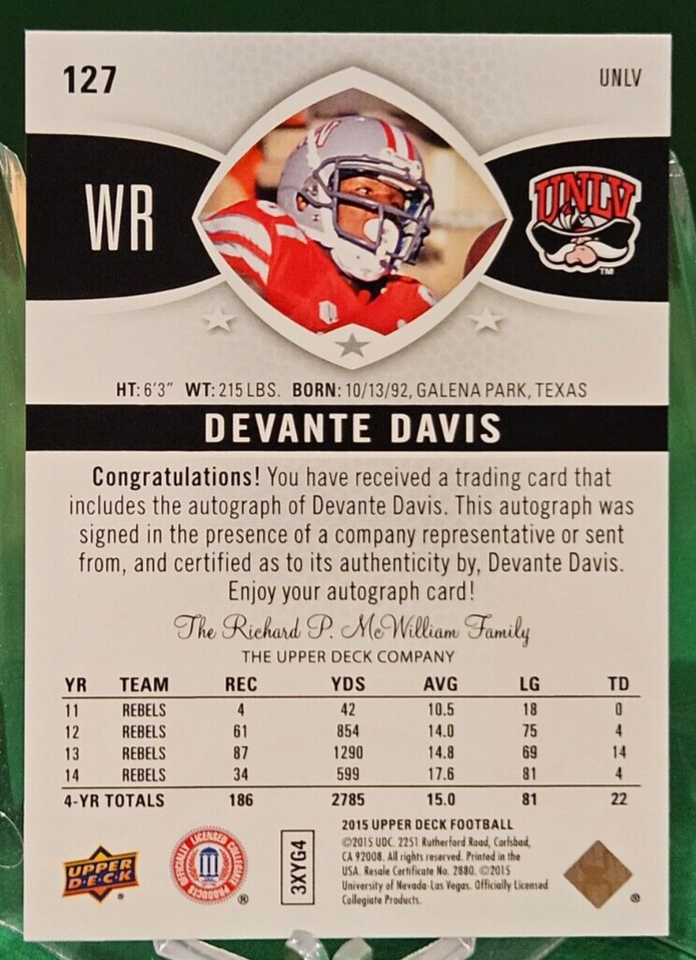 2015 Upper Deck DEVANTE DAVIS #127 Rookie Auto | eBay