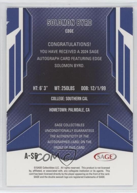 2024 SAGE HIT High Series Auto Solomon Byrd #A-SB Auto | eBay