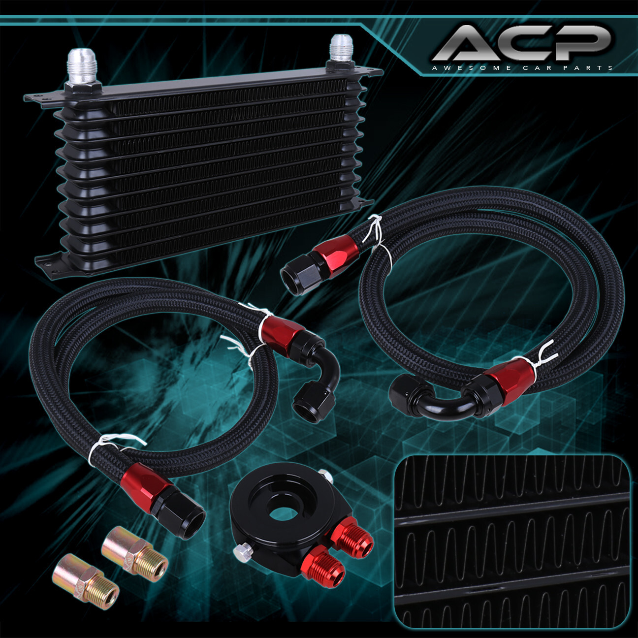 Engine Diff Trans Aluminum Alloy Oil Cooler Kit +Filter Adapter +S/S ...
