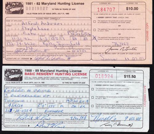 MARYLAND 1981-82 and1988-89 Resident Paper Hunting Licenses | eBay