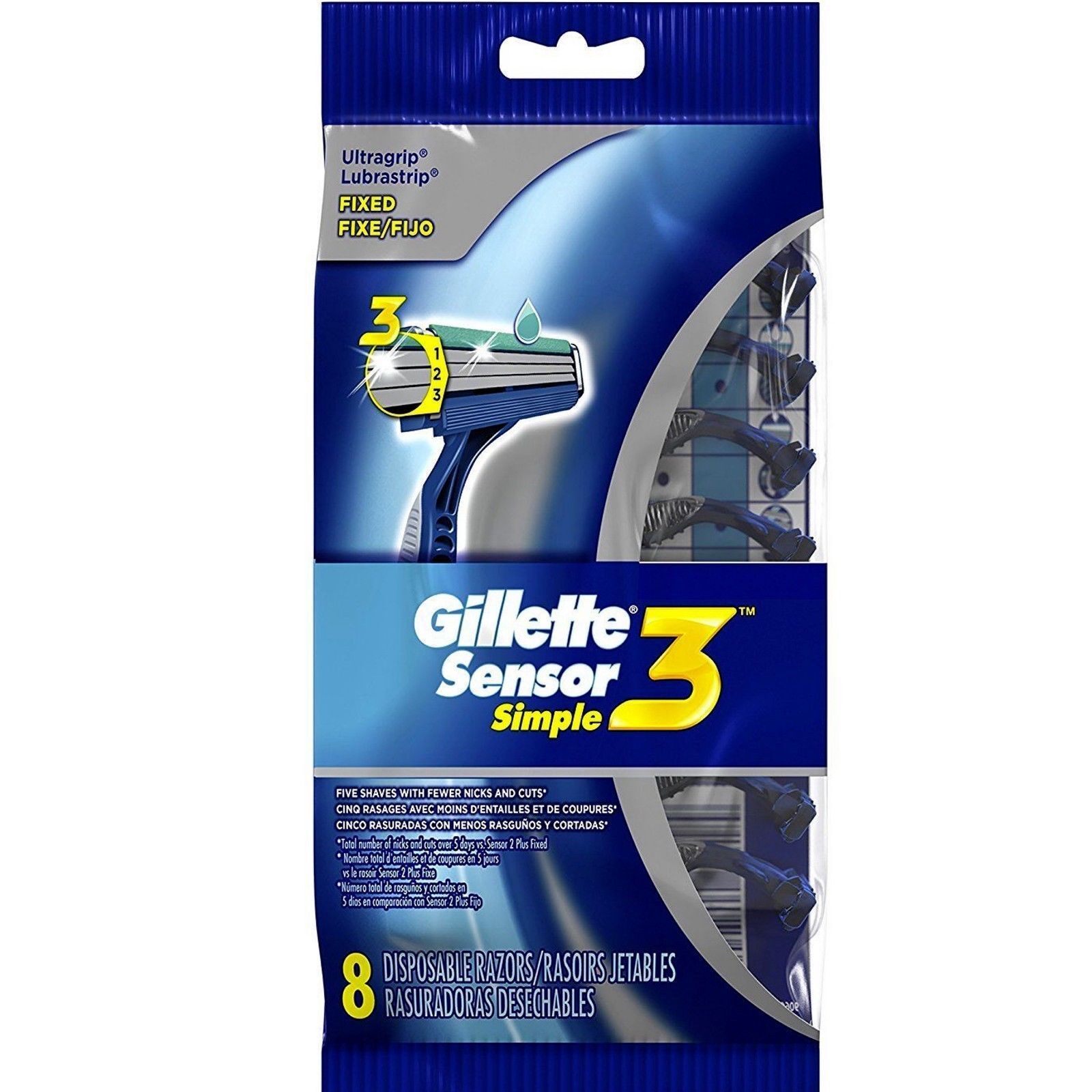 24 Gillette Sensor Simple Men 3-Blade Fixed Head Disposable Razor (8 ...