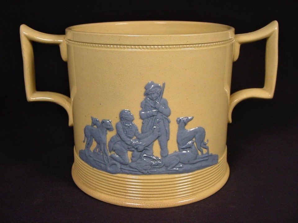 RARE SIZE 1800s HUNT SCENE 2HANDLE MUG LOVING CUP STAFFORDSHIRE YELLOW ...