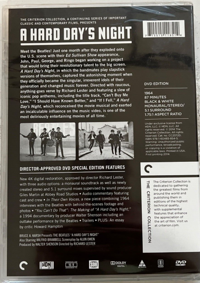 The Beatles A Hard Day's Night DVD 1964 Criterion Collection SEALED | eBay