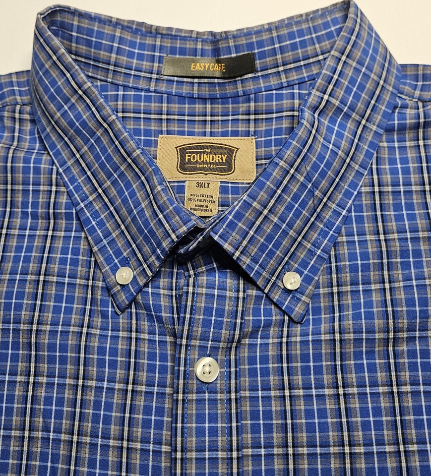 Mens Foundry Short Sleeve Easy Care Blue Plaid Button Up Shirt Size ...