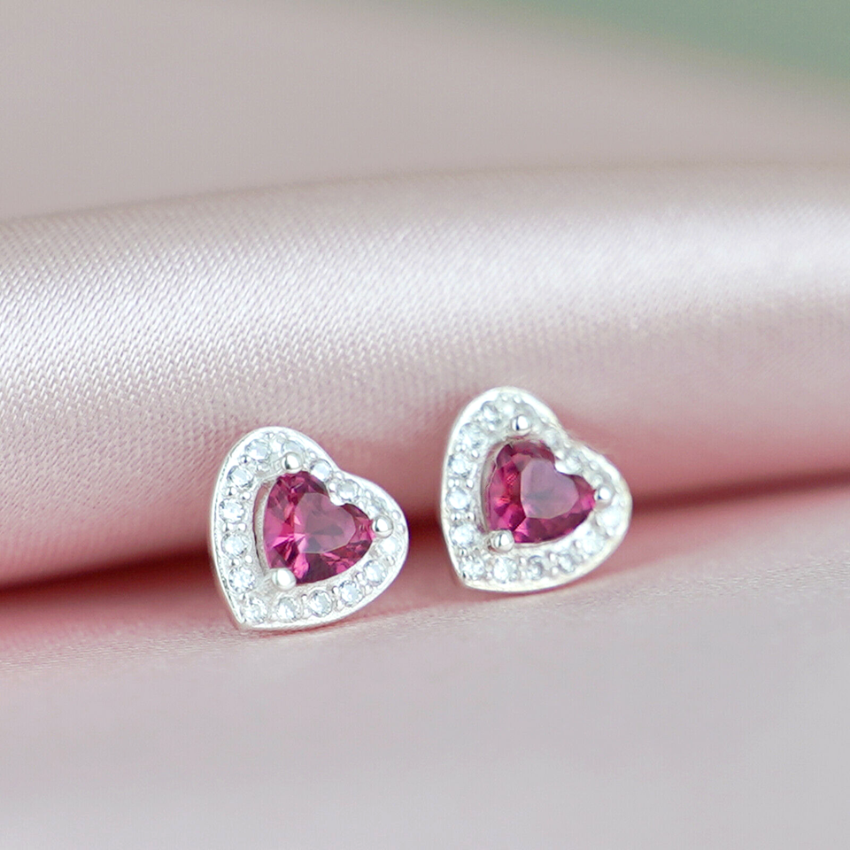 Sterling Silver Rose Red Ruby CZ Love Heart Halo Stud Earrings ...