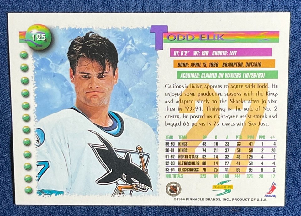 1994-95 SCORE #125 TODD ELIK (SAN JOSE SHARKS) HOCKEY CARD | eBay