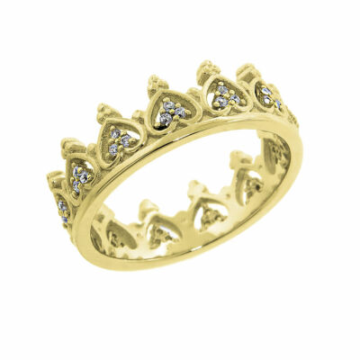 14K YG 925 Silver Lady's White Sapphire Gem Crown Wedding Band Ring ...