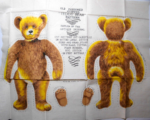 Rare VTG Fabric Panel Shackman Stuffed ANTIQUE TEDDY BEAR Pillow Toy ...