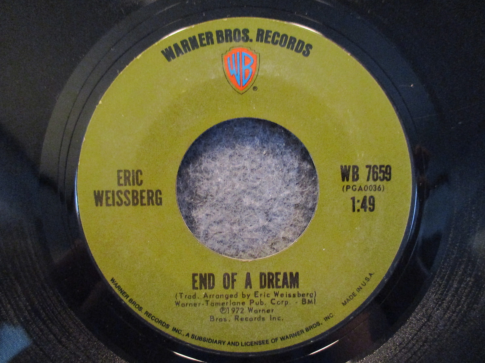 45 RPM 7" Record Eric Weissberg End Of A Dream & Dueling Banjos Warner ...