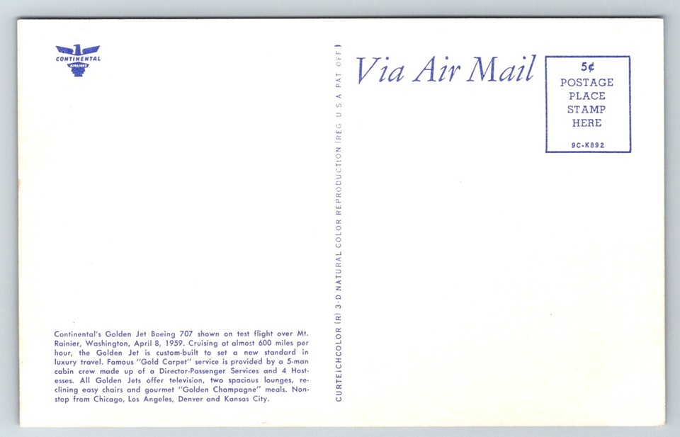 Continental Golden Jet Boeing 707 in flight airline issue Postcard 1959 ...