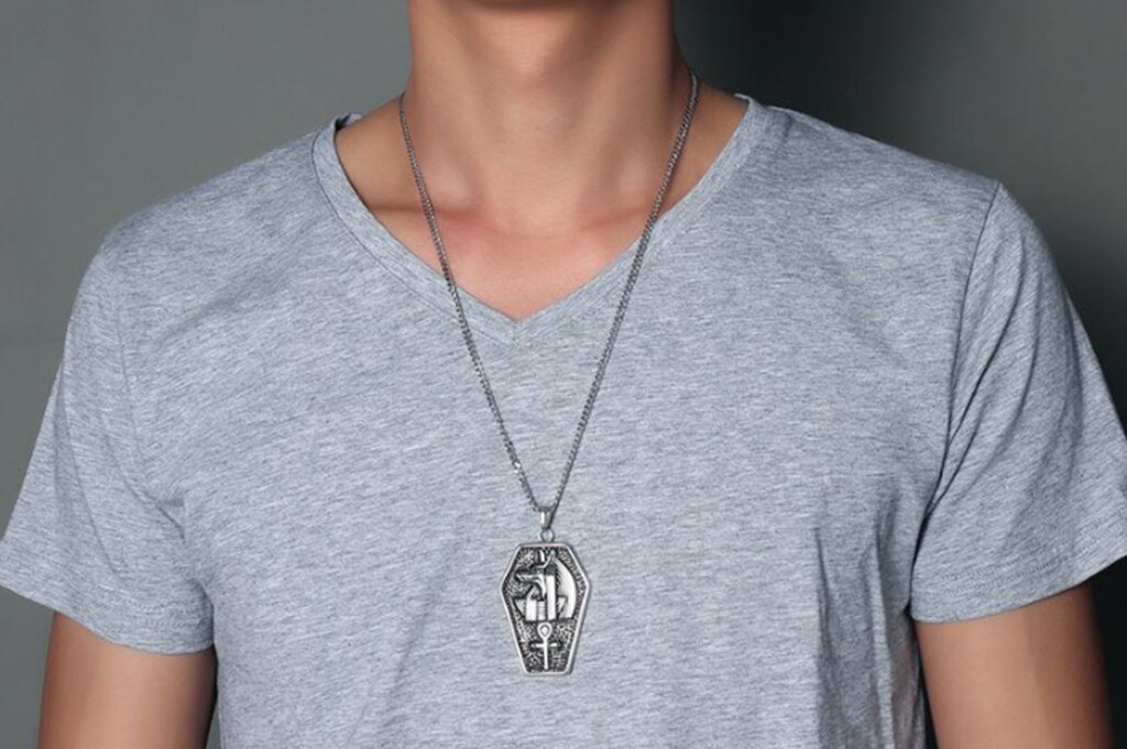 Men Titanium Stainless Steel 57mm Silver Anubis Ankh Cross Bar Necklace ...