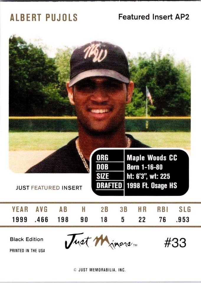 2004 Just Minors Preview Albert Pujols #AP2 Black Maple Card St. Louis ...