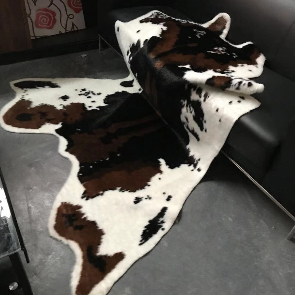3.6'X3.2' Premium Faux Fur Cowhide Area Rug Throw Brown White Spotted ...