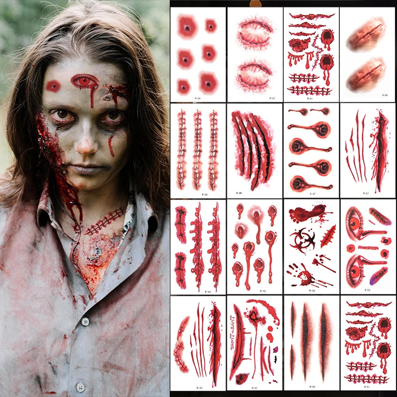 30Pcs Halloween Zombie Vampire Tattoo Stickers Realistic Fake Bloody ...