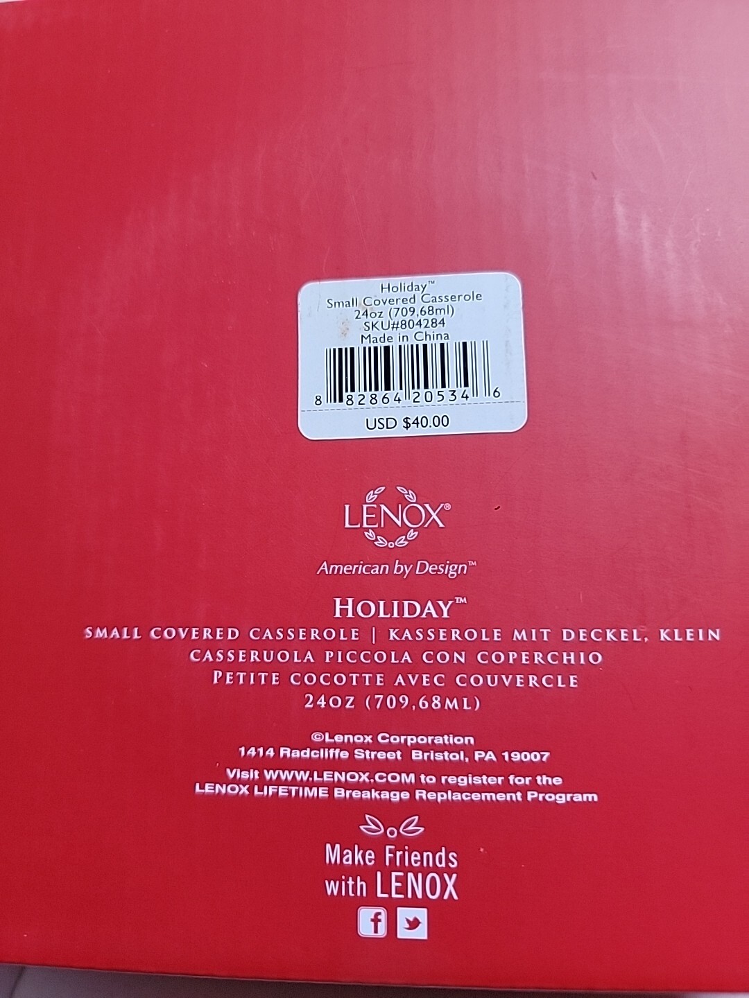 NIB Lenox Holiday Bakeware 24 oz Covered Casserole Dish Christmas Holly ...