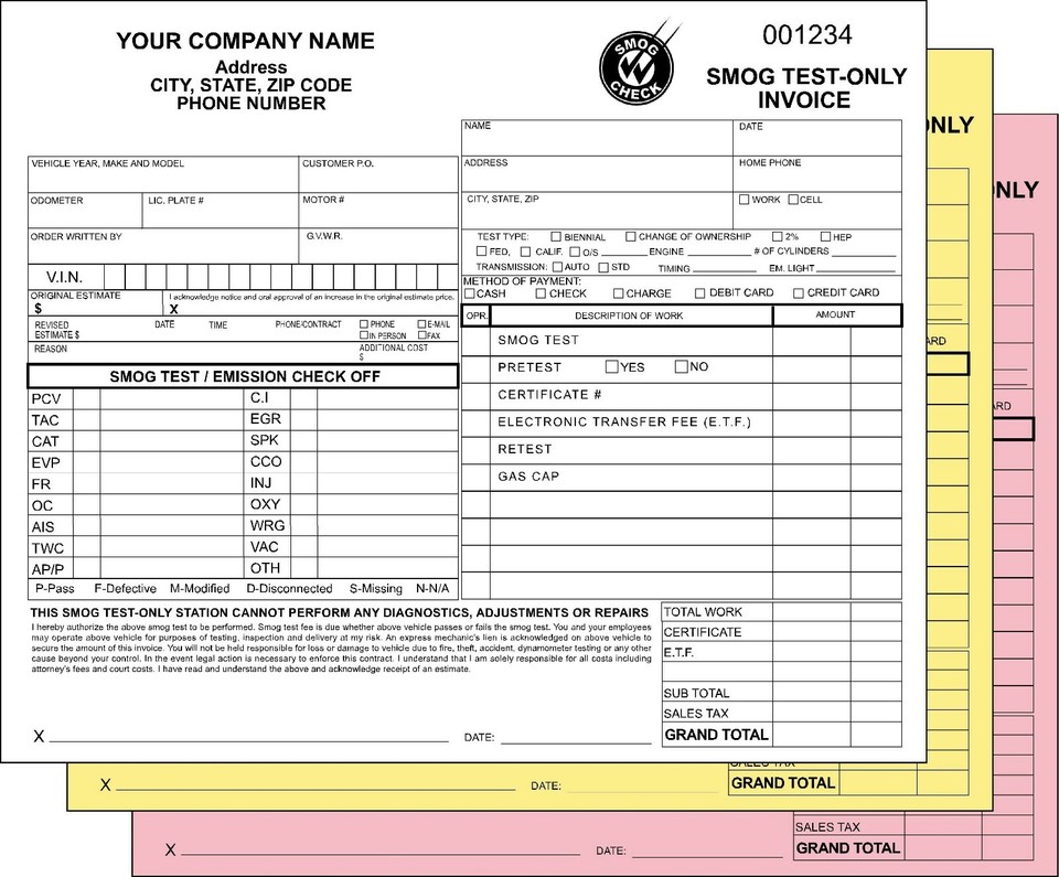 3 Part Smog Test Only Invoices Carbonless Valid In California | eBay