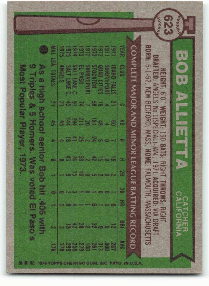1976 Topps #623 Bob Allietta EX/NM RC Rookie Angels ID:310086 | eBay