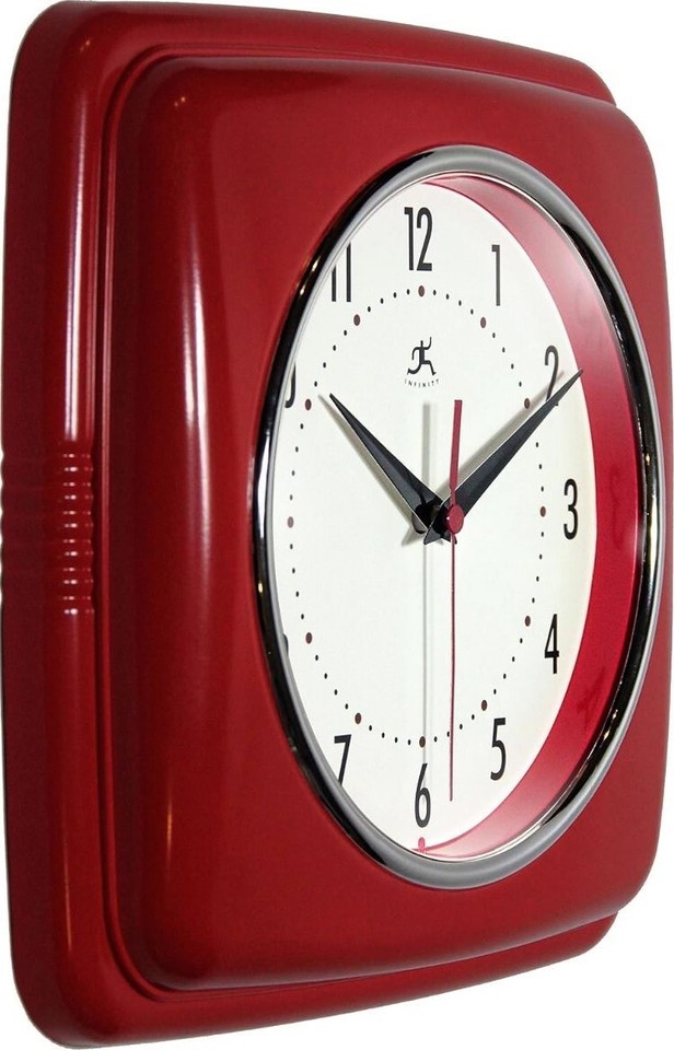 Retro Kitchen Wall Clock Silent Vintage Style Red 9" Square Lightweight ...