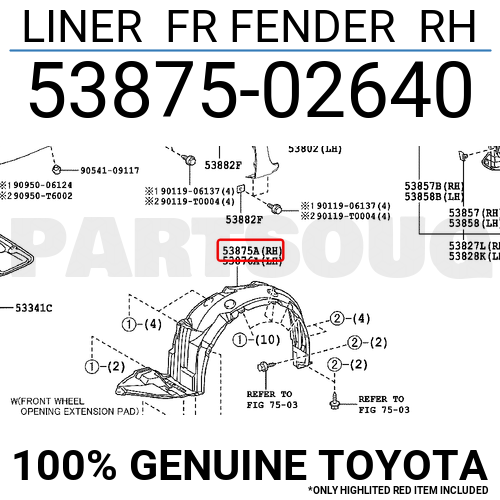 5387502640 Genuine Toyota LINER FR FENDER RH 53875-02640 | eBay