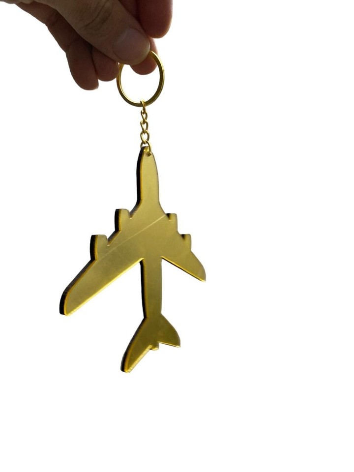 Airplane shaped accessory Keychain handmade of gold acrylic and wood ...