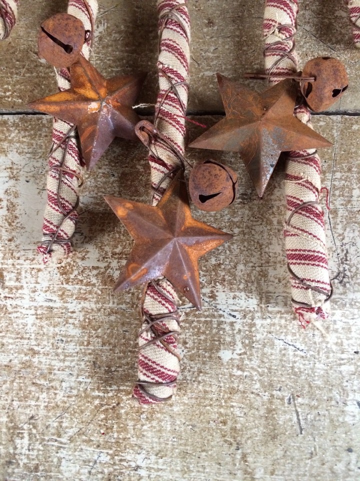 6 Primitive Rusty Wire Star Stars Bells Candy Cane Canes Fabric Farm ...