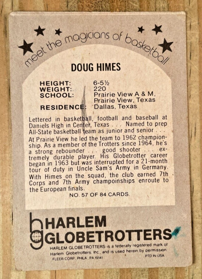1971 FLEER DOUG HIMES HARLEM GLOBETROTTERS CARD PRARIE VIEW A&M | eBay