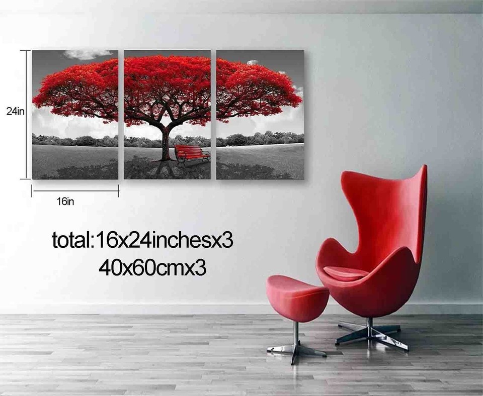 Large Red Tree Canvas Wall Art 3 pieces Black White Landscape Pictre ...