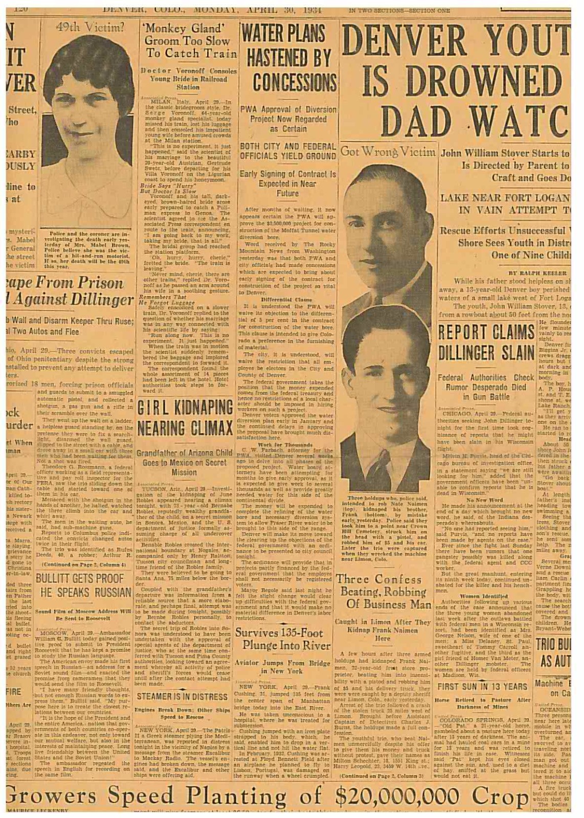 Newspaper Dillinger Slain THREE ESCAPE PRISON APRIL 30 1934 1601118WR ...