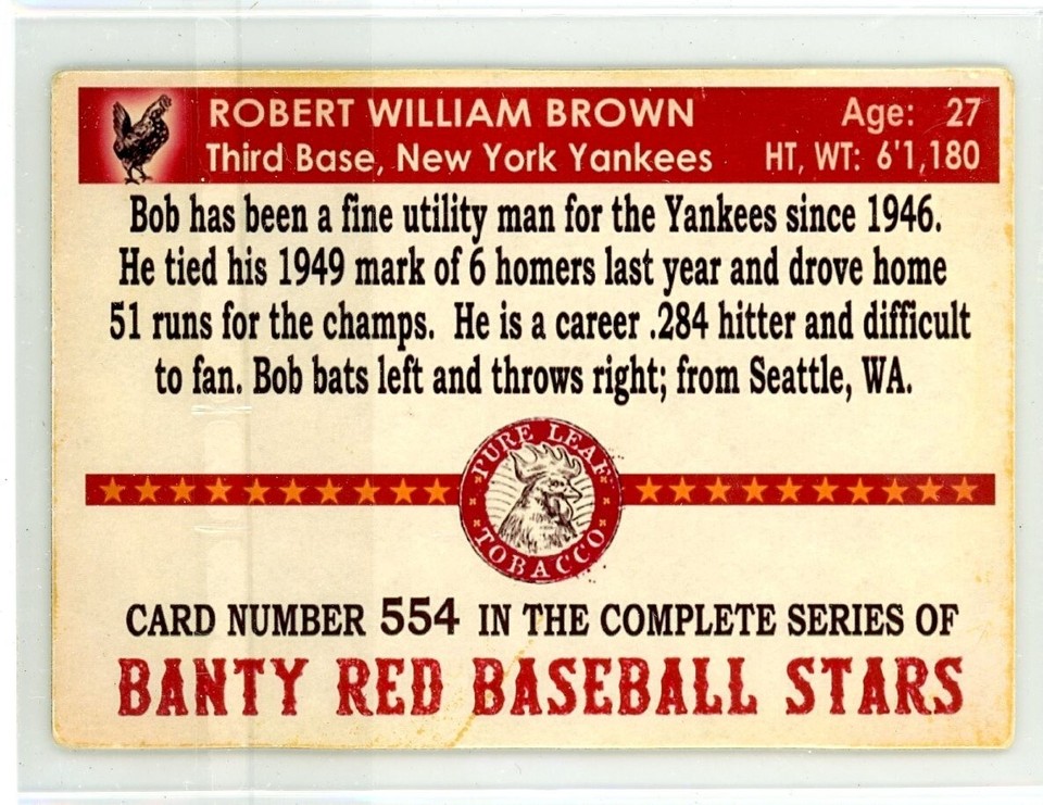 Banty Red Art Card '52 Baseball BOBBY BROWN New York Yankees #554 | eBay