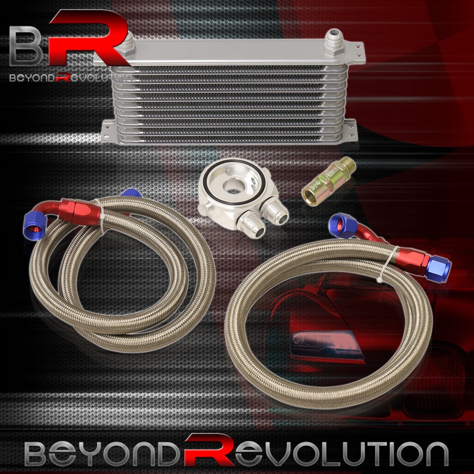 Universal 9-Row Aluminum Oil Cooler +Filter Relocator Kit +SS Braided ...