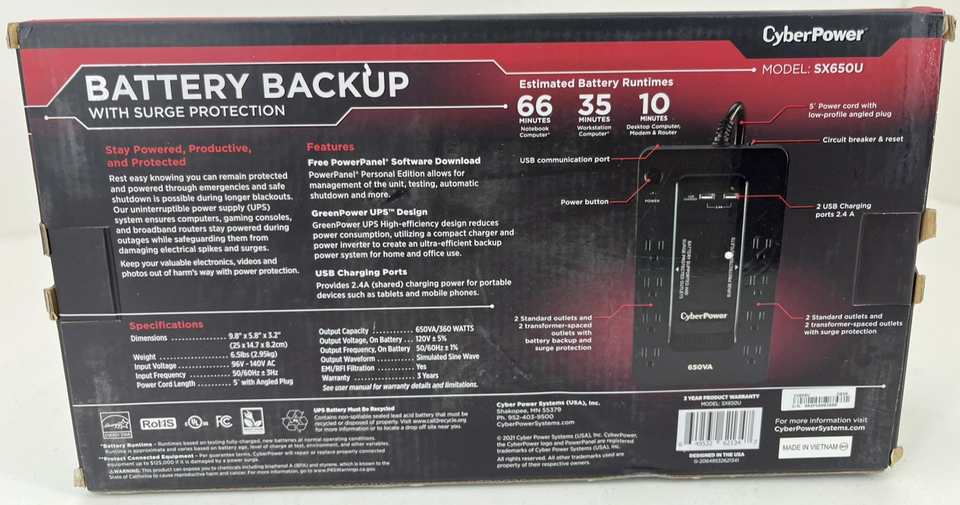 CyberPower - 650VA Battery Back-Up System - Black [SX650U] 649532621347 ...