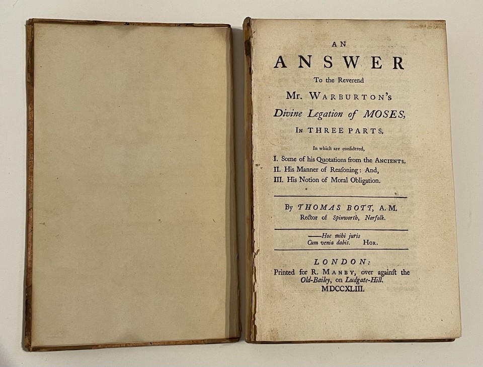 1743 Christian work on morality, Thomas Bott, re William Warburton ...