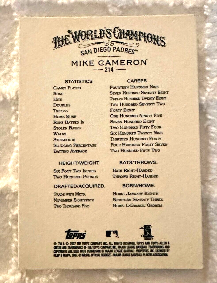 2007 Allen & Ginter Mike Cameron Autographed Card #214 with Ticket Stub ...